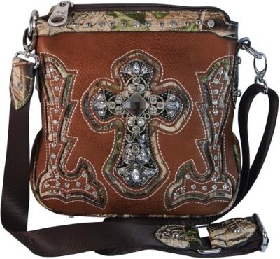 China West Cross Body Bag Faux Leather Purse with Camo Trim and Rhinestone Cross Handbag for sale