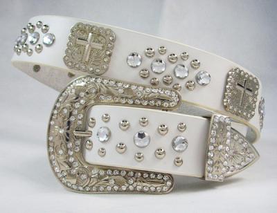 China low price PU rhinestone belts with metal cross concho for sale