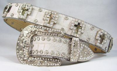 China Alligator pattern synthetic leather rhinestone belts cross glass concho for sale