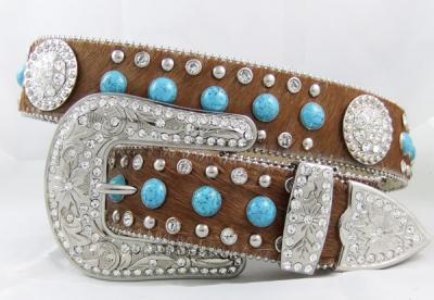 China cowhide western turquoise belts with sunflower rhinestone concho for sale