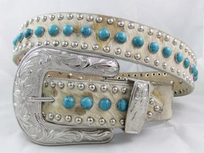China western cowgirl cow hair belts with turquoise in low price for sale