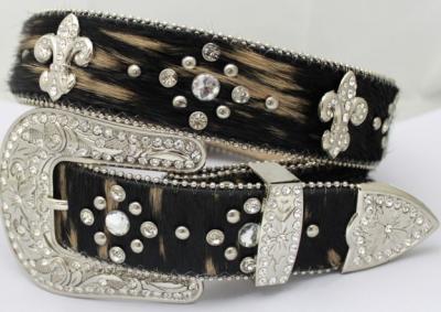 China western style cow hide belts with rhinestone fleur-de-lis metal for sale