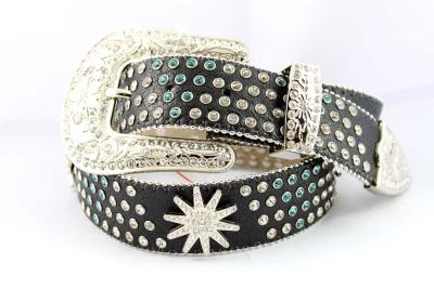 China black leather womens spur rowel belt with rhinestone for sale