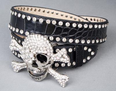 China pu leather black waistbelts with rhinestone skull buckle for sale