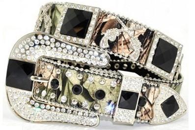 China CAMO LEATHER WESTERN RHINESTONE BELT WITH GUN PISTOL AND BLACK GLASS for sale