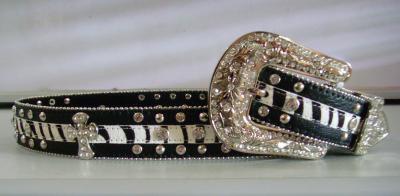 China pu and cowhide patchwork waist belts with rhinestone cross studde for sale