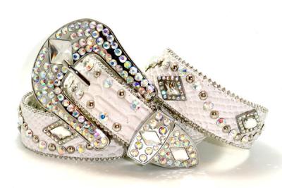 China Beige PU leather glass belts with rhinestone for ladies for sale