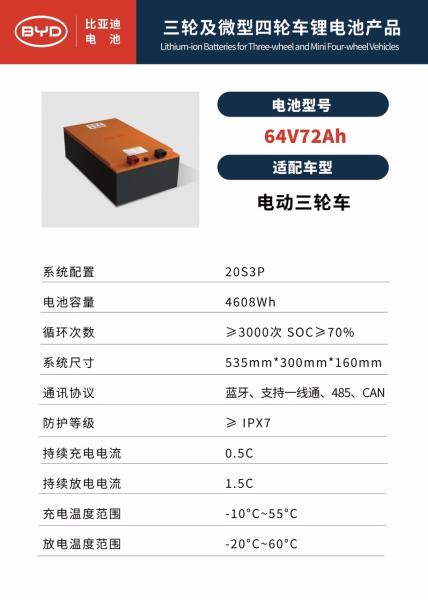 Quality BYD Lithium-ion Batteries For Three-wheel & Mini Four-wheel Vehicles 64V Series for sale