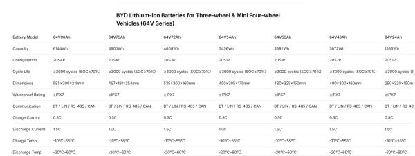 Quality BYD Lithium-ion Batteries For Three-wheel & Mini Four-wheel Vehicles 64V Series for sale