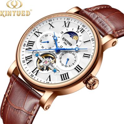 China KINYUED wristwatches automatic men moon phase luminous tourbillon skeleton mechanical watch for sale