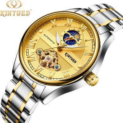 China Brand KINYUED automatic skeleton watch gold dial moon phase tourbillon mens automatic watch for sale