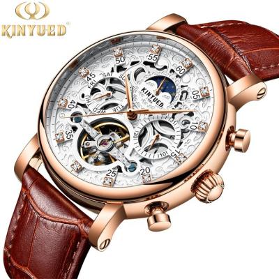 China Brand KINYUED watch diamond decoration dial skeleton mens leather automatic mechanical watch for sale