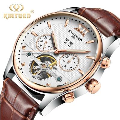 China KINYUED Fashion Tourbillon Automatic Movement Mens Automatic Mechanical Watch Genuine Leather Wristwatch for sale