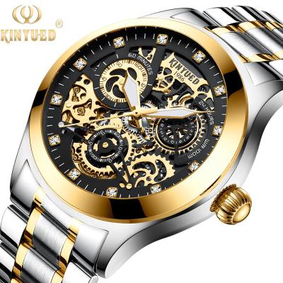China KINYUED oem waterproof custom logo leather fashion tourbillon skeleton wrist watch luxury automatic watches mens watch for sale