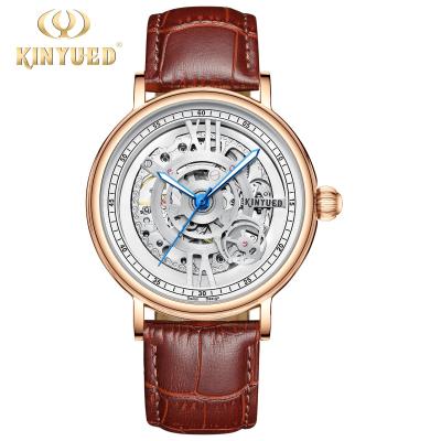 China KINYUED J069 skeleton  luxury leather waterproof  oem brand hands wristwatches custom logo wrist men watches relogio mas for sale