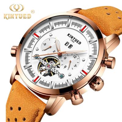 China KINYUED J019-1 Gold Case Genuine Leather Auto Date Skeleton Tourbillon Automatic Mechanical Wristwatches for sale