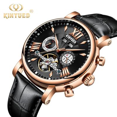 China KINYUED J017-3 Gold Case Black Dial Leather Strap Complete Calendar Skeleton Waterproof relogio masculino Watches for sale