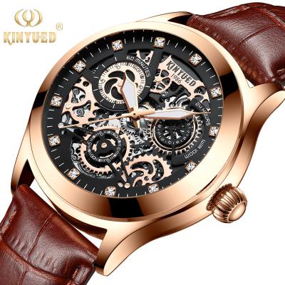 China KINYUED oem waterproof custom logo leather fashion tourbillon skeleton wrist watch luxury automatic watches mens watch for sale