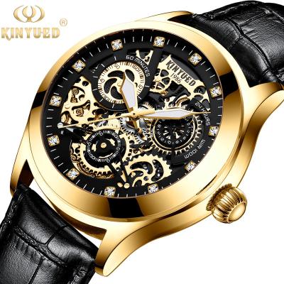 China KINYUED oem waterproof custom logo leather fashion tourbillon skeleton wrist watch luxury automatic watches mens watch for sale