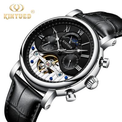 China KINYUED leather tourbillion watch mechanical mens moon phase automatic mechanical watch for sale