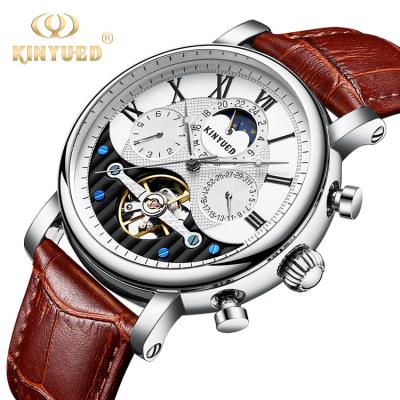 China KINYUED New Silver Case Moon Phase Clock Movement Genuine Crocodile Watch Strap Water Resistant Watch for sale