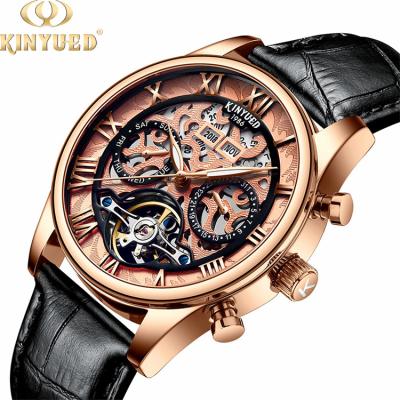 China KINYUED genuine leather tourbillon mens automatic watch skeleton mechanical watch luminous watch for sale