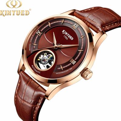 China KINYUED genuine leather  tourbillon mens automatic watch skeleton mechanical watch men wristwatch for sale