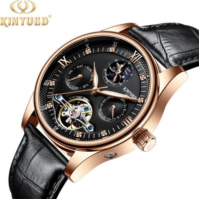 China KINYUED genuine leather tourbillon mens automatic watch  men moon phase watch men wristwatch for sale