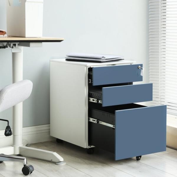 Quality White Blue Metal Rolling Vertical Pedestal File 39cm Wide 3-Drawer Steel Cabinet Lockable Office Mobile Home School Home Office for sale