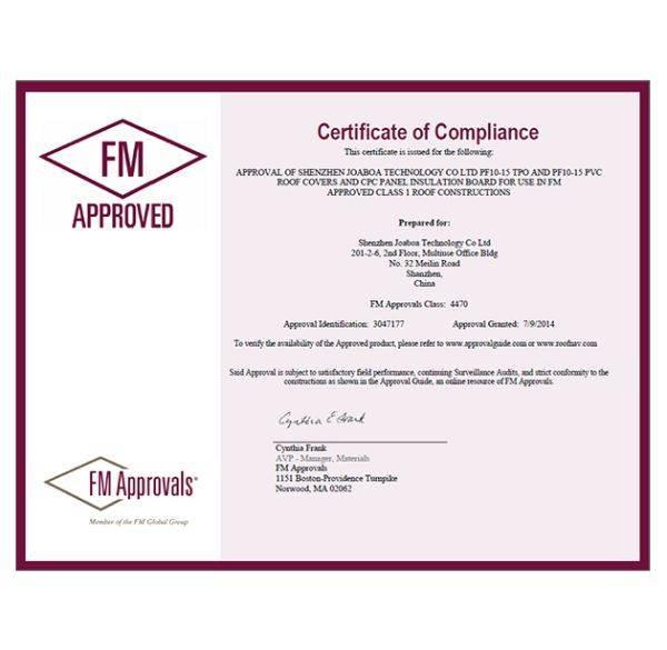 PVC/TPO Roofing Sheet & CPC Insualtion Panel Certified by FM Approved - Shenzhen Joaboa Technology Co., Ltd