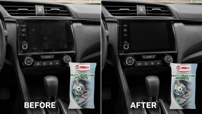 Car dashboard wipes showing dust and smudge removal before and after cleaning