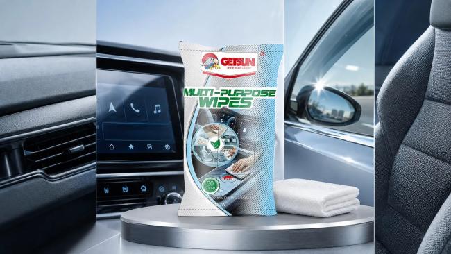 Multi surface cleaning wipes displayed with dashboard screen glass and fabric applications