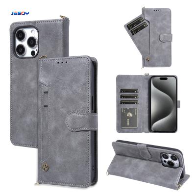 China Removable Strap Leather Phone Cover Embossed Logo Flip Cell Phone Cases Gray For iPhone for sale