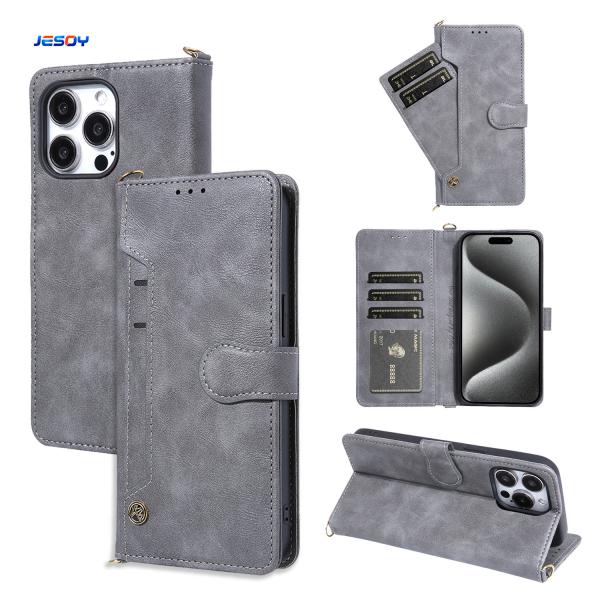 Quality Removable Strap Leather Phone Cover Embossed Logo Flip Cell Phone Cases Gray For iPhone for sale