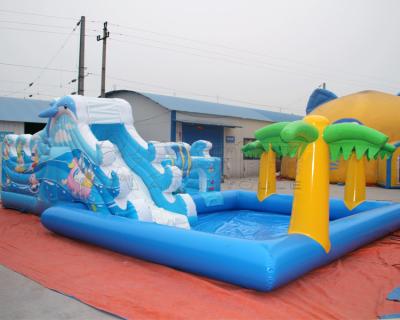 China Sea world inflatable bouncy castle with water slide and palm tree swimming pool for sale