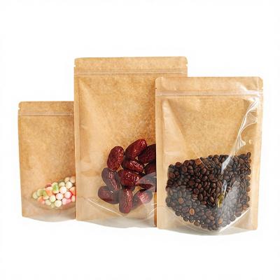 China Brown Clear Front Recycled Kraft Paper Back Corner Flat Zip Lock Food Grade Digital/Gravure Printing Stand Pouch Packaging Bag for sale