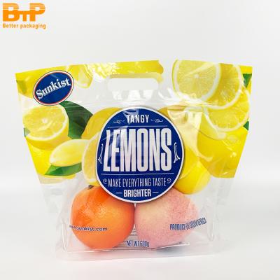 China Custom Reusable Zipper Stand up Pouch Plastic Fruit Bag Orange Grape Packing with Handle Cherry Lemon Packaging Bags for sale