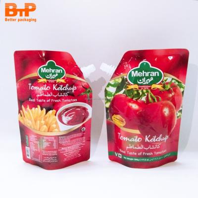 China Custom Aluminum Stand up Spout Pouch 500ml Tomato Sauces Ketchup Packaging Bags Reusable Plastic Beverage Bags with Nozzle for sale