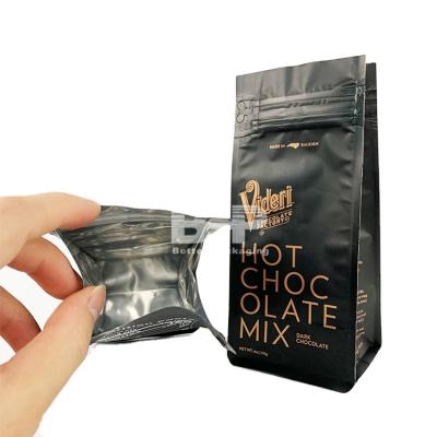 China Custom logo flat bottom plastic packaging black bag with pocket zipper and valve for coffee beans and tea leaf and hot chocolate for sale