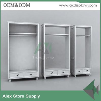 China Women clothes display showcase wall clothes rack wooden garment display rack metal hardware for sale
