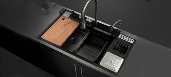 Quality 2025 Hot Selling New Trends Embossed Finish Nano Black Anti Scratch Multifunctional Sinks Kitchen Handmade Sink Stainless Sink With Dust Bin for sale