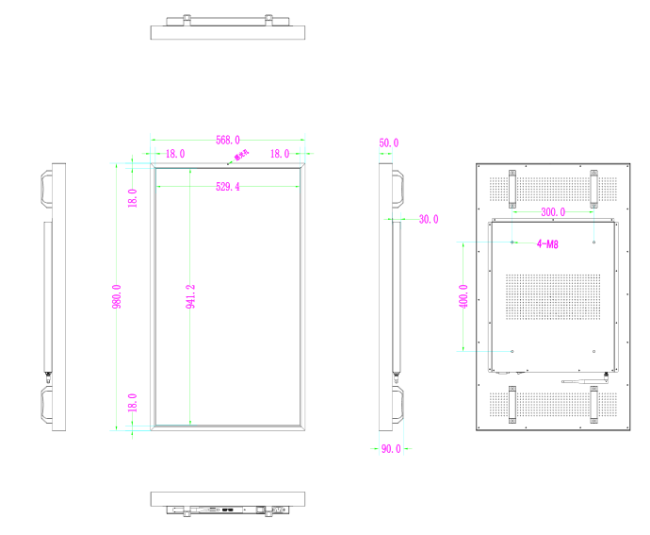 Technical drawing of 43-inch high-brightness window facing display