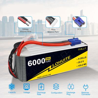 China 22.2V 6000mAh 6S Lipo Battery Dean 50C/100C 6S Lipo Battery 6000MAH For RC Te koop