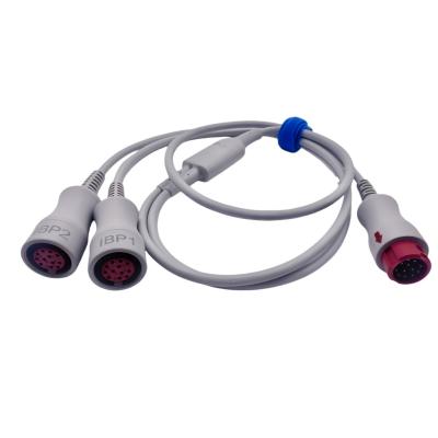 China Compatible 12-Pin 1-to-2 Dual Channel IBP Invasive Blood Pressure Extension Cable for Mindray & PH-ILIPS Patient Monitors for sale