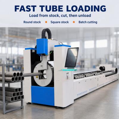China CNC Fiber Laser Tube Cutting Machine with Fast Tube Loading, Load from Stock, Cut & Unload for Round and Square Stock Batch Cutting for sale