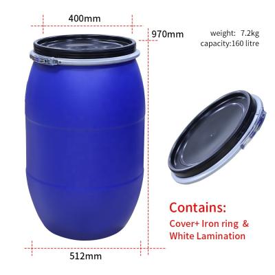 Cina barilotto di plastica blu dell'HDPE 160kg/L con il coperchio in vendita