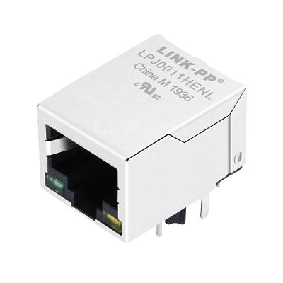 中国 LPJ0011HENL 10/100 Base-T 統合RJ45コネクタ シングルポートタブ ダウン グリーン/イエロー LED 販売のため