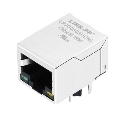 中国 LPJG0803HENL 100/1000 ベースTコネクタ RJ45 女性 ジャック マグネティクス シングルポート タブ ダウン グリーン/イエロー LED 販売のため