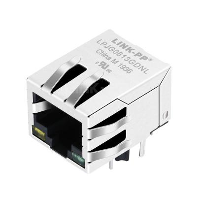 中国 LPJG0813GDNL 100/1000 Base-T イーサネット RJ45 女性 マグジャック タブダウン 黄色/緑色 LED 販売のため