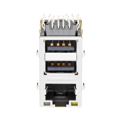 中国 LPJU4101AONL 10/100 ベース-T グリーン&オレンジ/イエロー LED タブアップ デュアルUSB RJ45コネクタ 販売のため